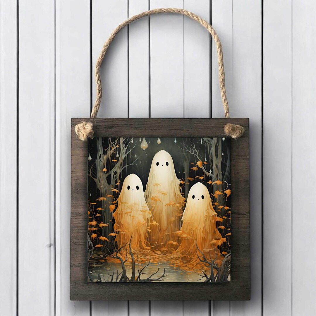 Halloween Ghost Hanging Sign - Rustic Wood & Metal Wall Art - Spooky ...