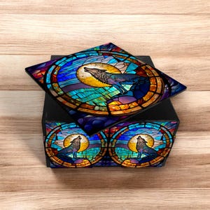 Wolf Keepsake Wood Gift Box - Stained Glass Look Jewelry Box - Howling ...