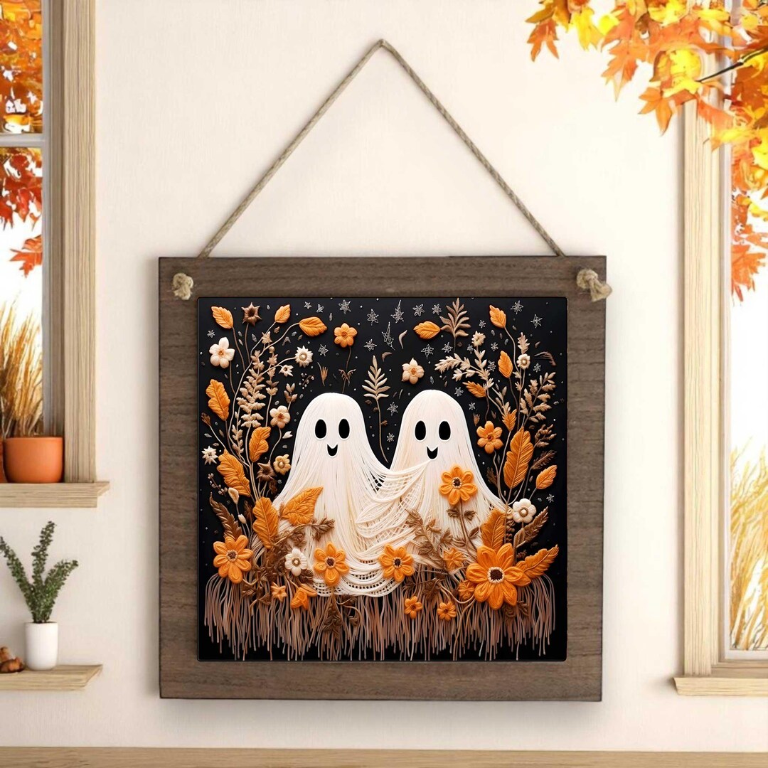 Cute Ghosts Wall Sign – Floral Halloween Decor, Small or Large Hanging ...