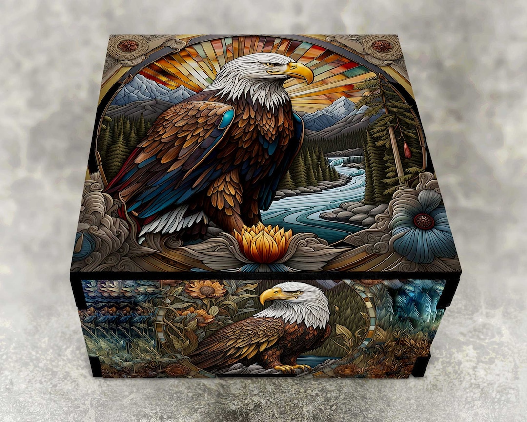 American Bald Eagle Stash Box With Stained Glass Themed Design Laser ...