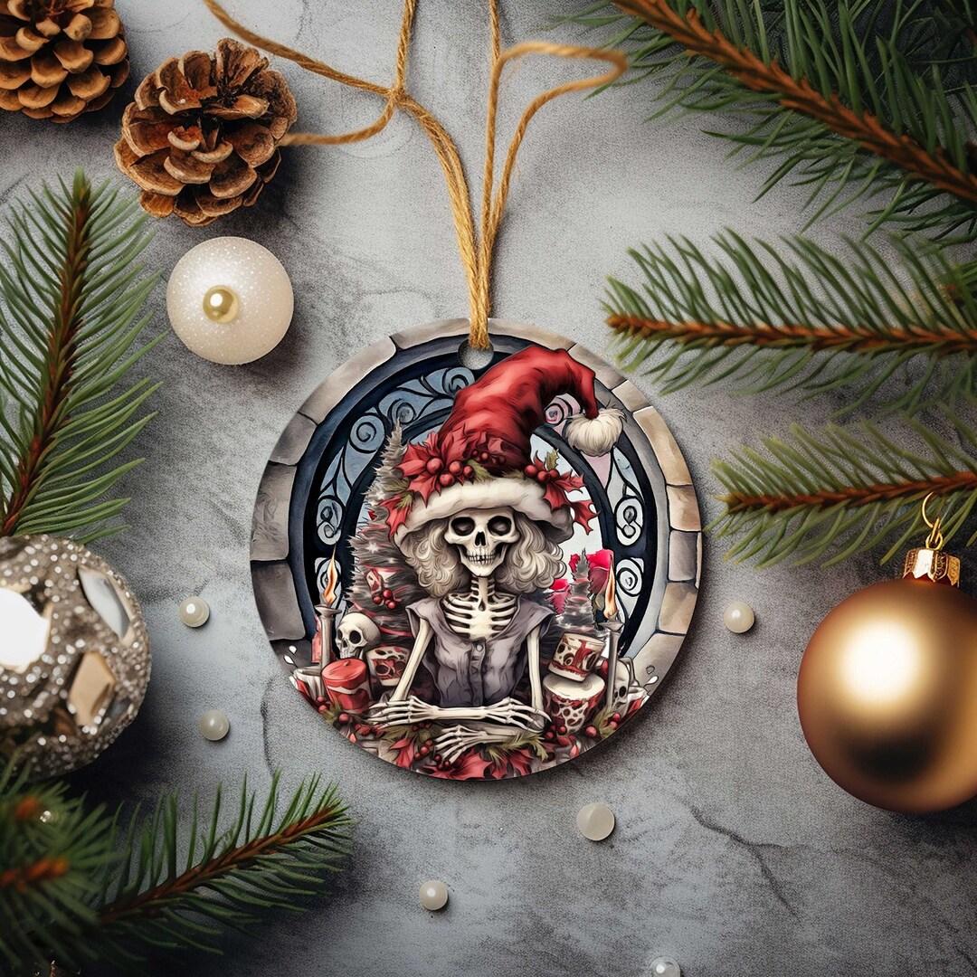 Creepy Gothic Mrs. Claus Skeleton Porcelain Christmas Ornament 2.875 ...