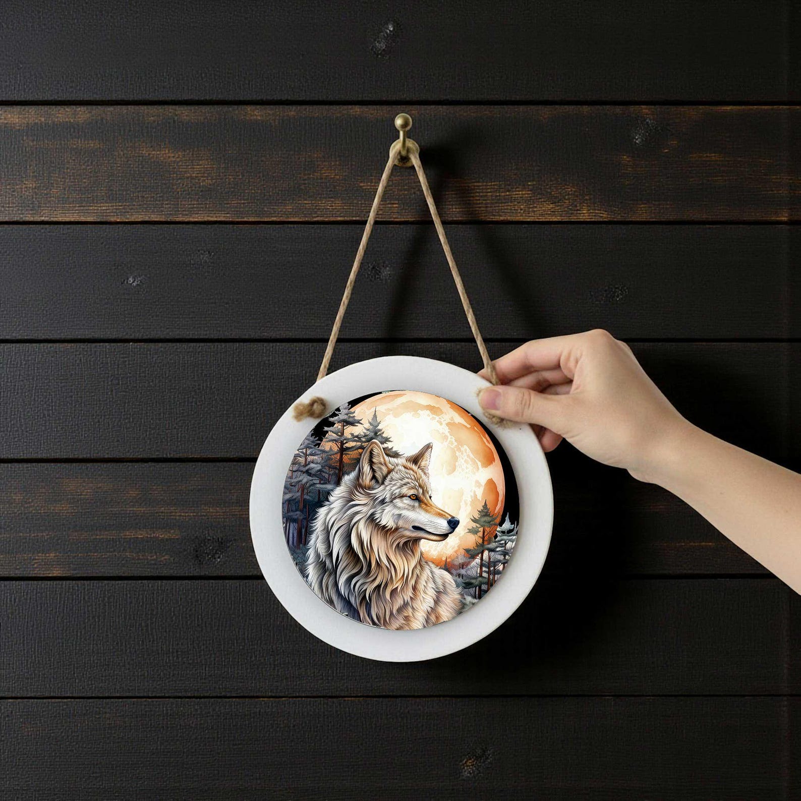 Wolf Moon Wood Hanging Sign, 4.8 Inch Round, Ornament or Small Space ...