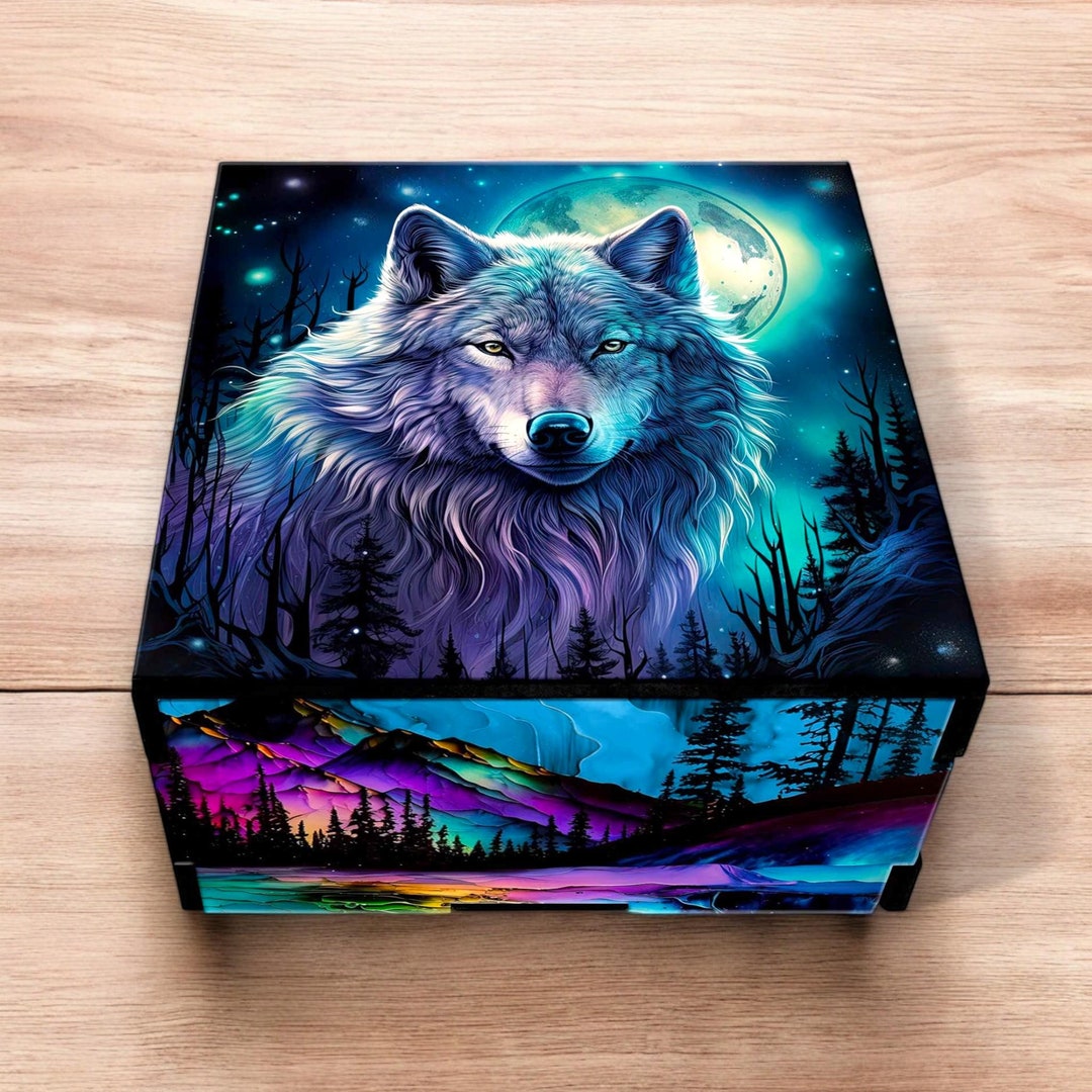 Wolf Keepsake Wood Gift Box - Northern Lights Designed Jewelry Box ...