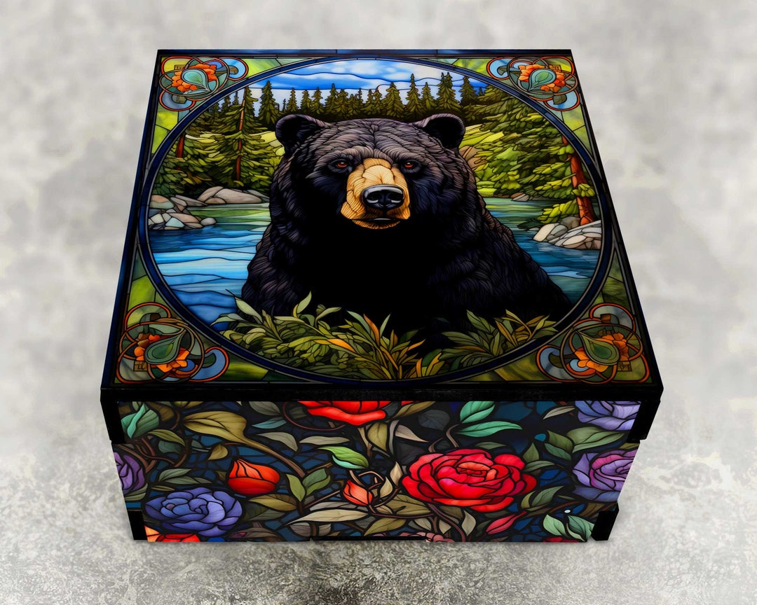 Black Bear Stash Box With Stained Glass Themed Design Decorative ...