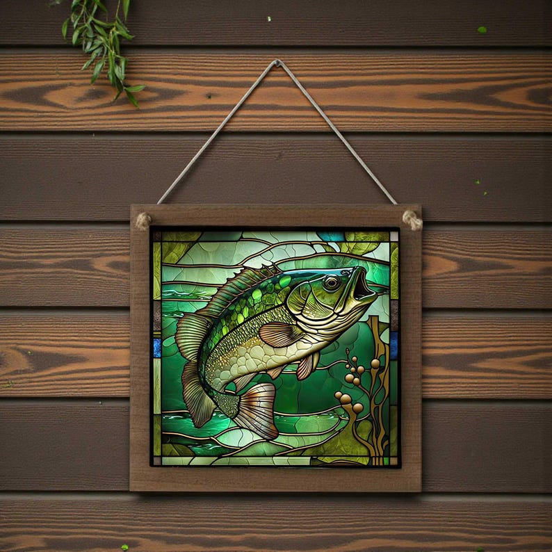 Bass Fishing Wall Art – Rustic Lodge Decor, Stained Wood Frame Large 8. ...