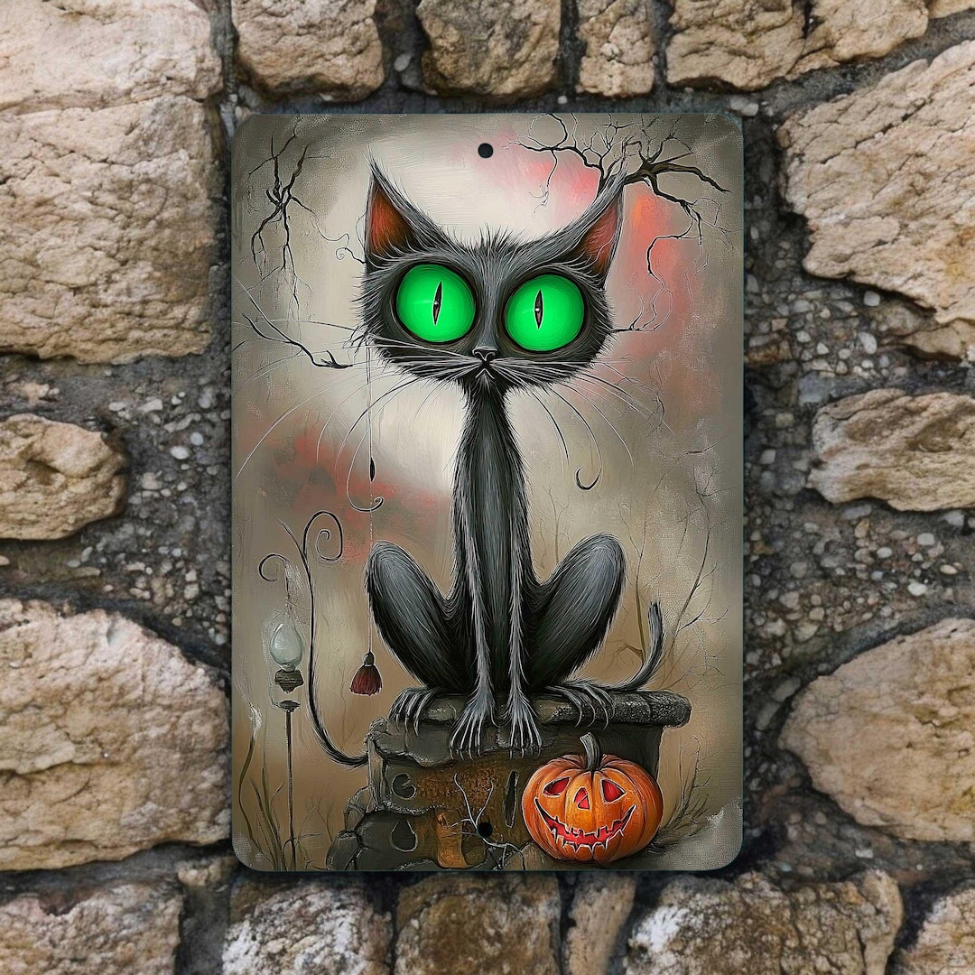 Halloween Metal Cat Wall Sign – Black Cat With Green Eyes and Pumpkin ...