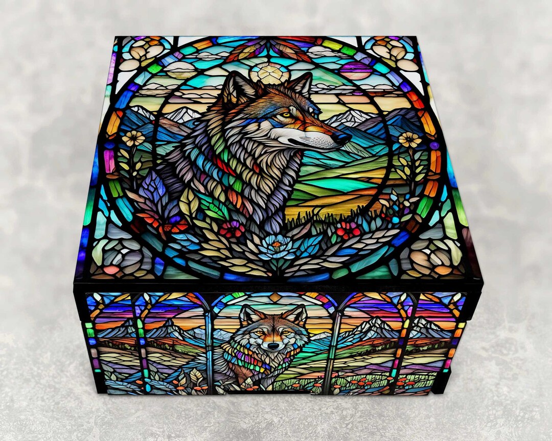 Stained Glass Themed Wolf Stash Box With Rustic Mountain Design Laser ...