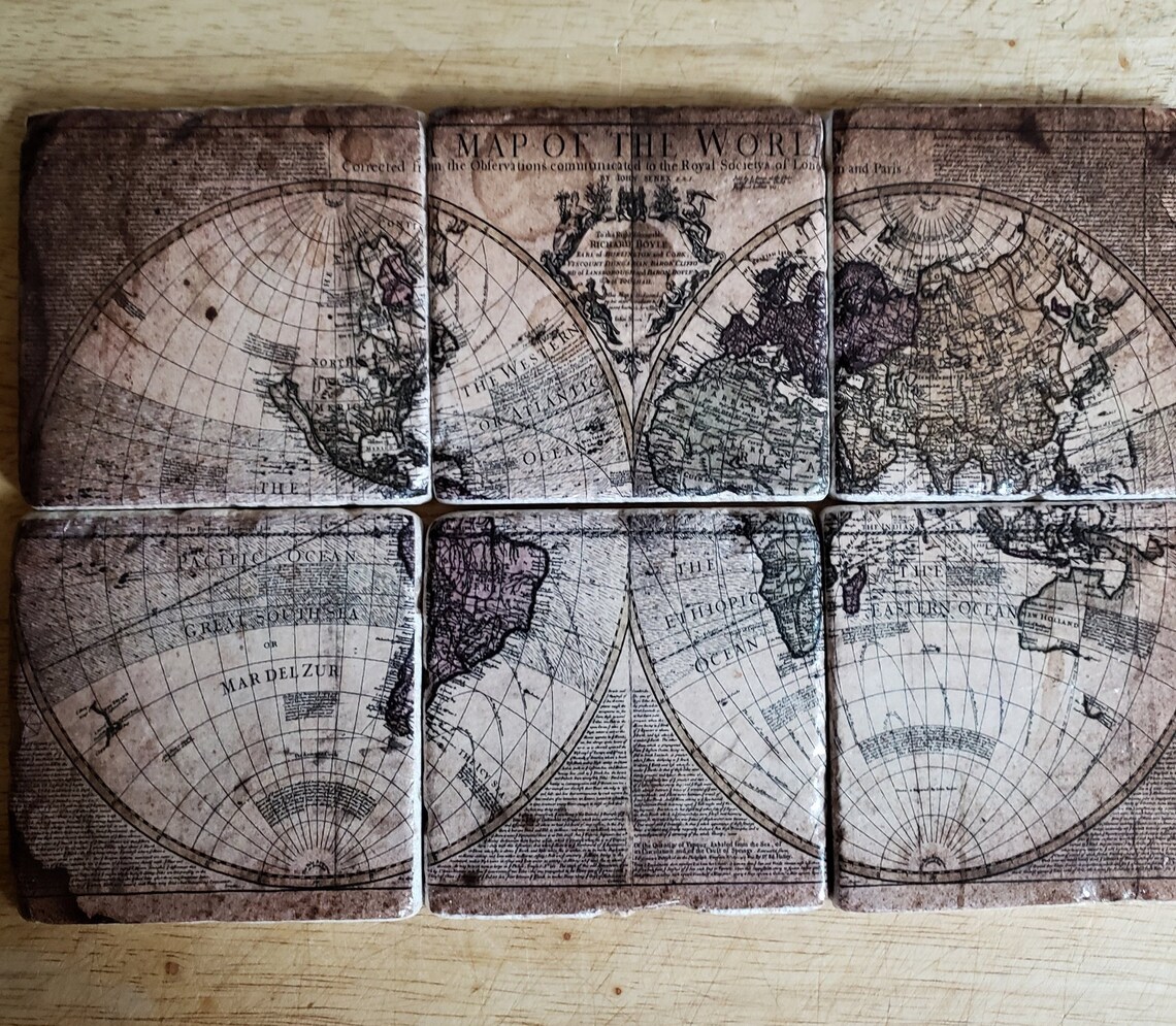 Globe Tan Map Vintage World Map Coaster Set Vintage World Map - Etsy