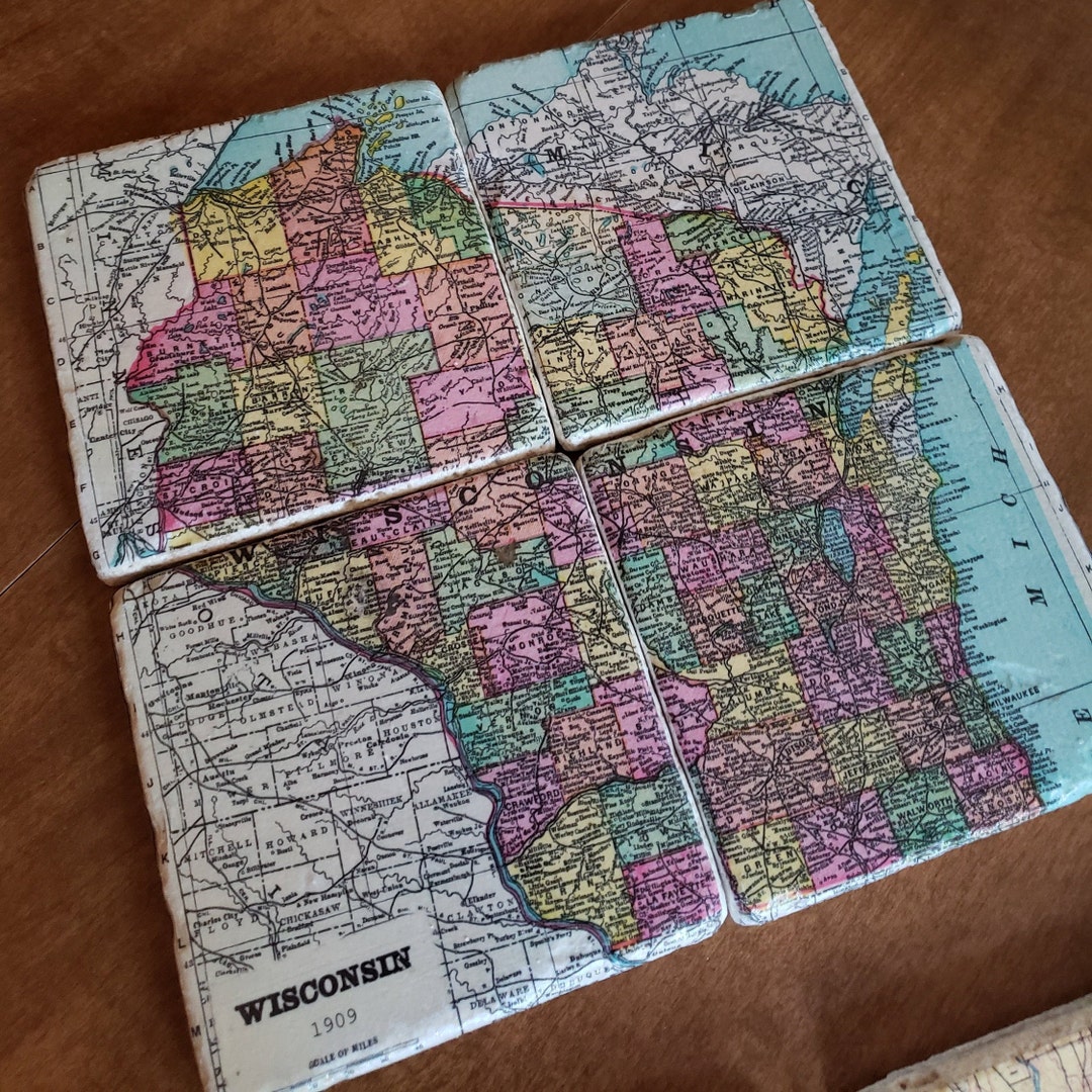 Vintage Maps Wisconsin Map Gifts Vintage Map Coasters Map Gifts Custom ...