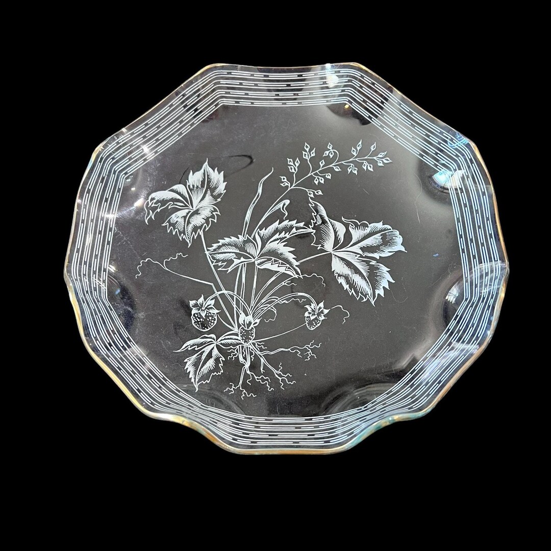 Vintage Filigran Strawberry Plant Etched Glass Dish, 8" Heye Glas, Gold ...
