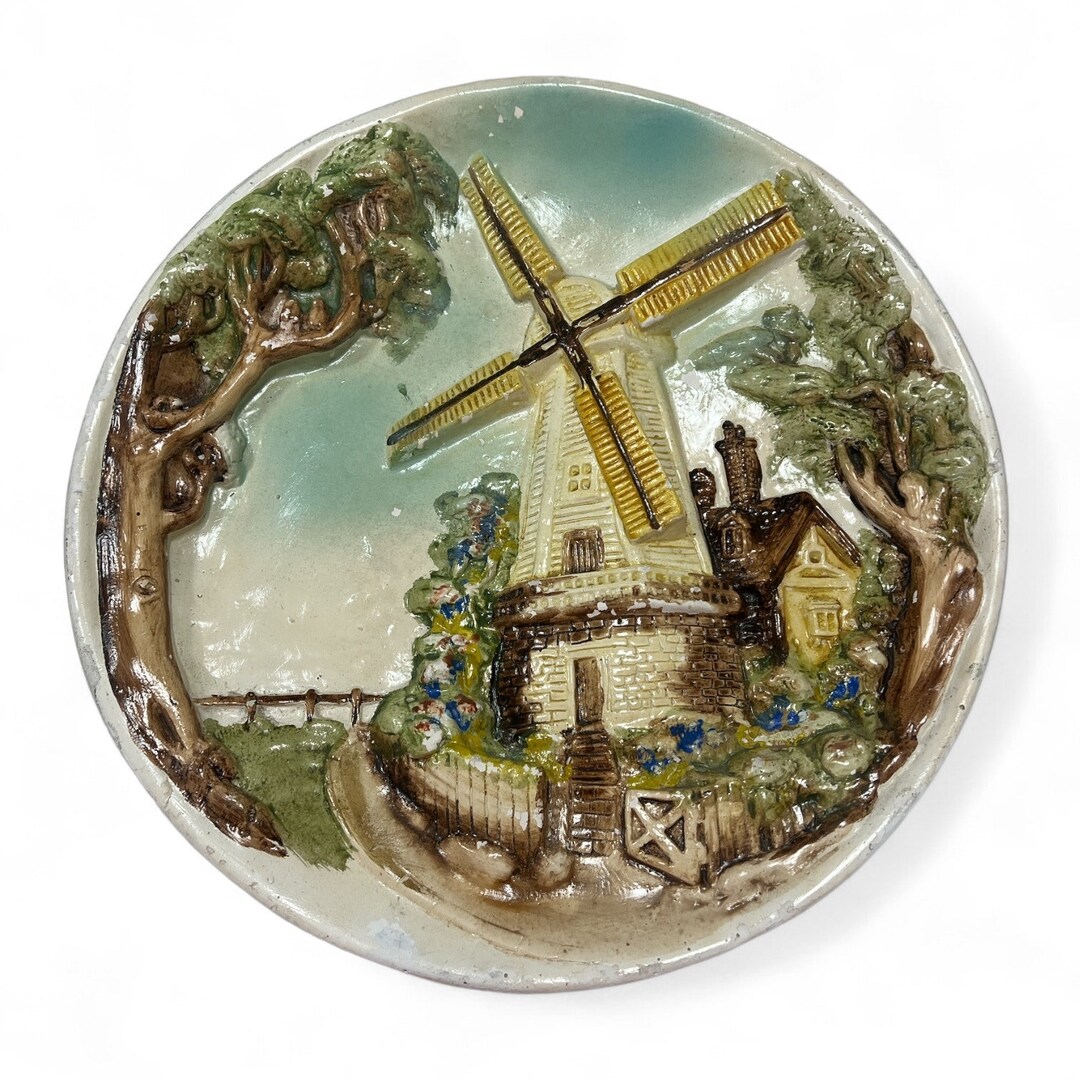 Large Chalkware Windmill Hanging Wall Plate, 15 3D Dimensional Plaque ...