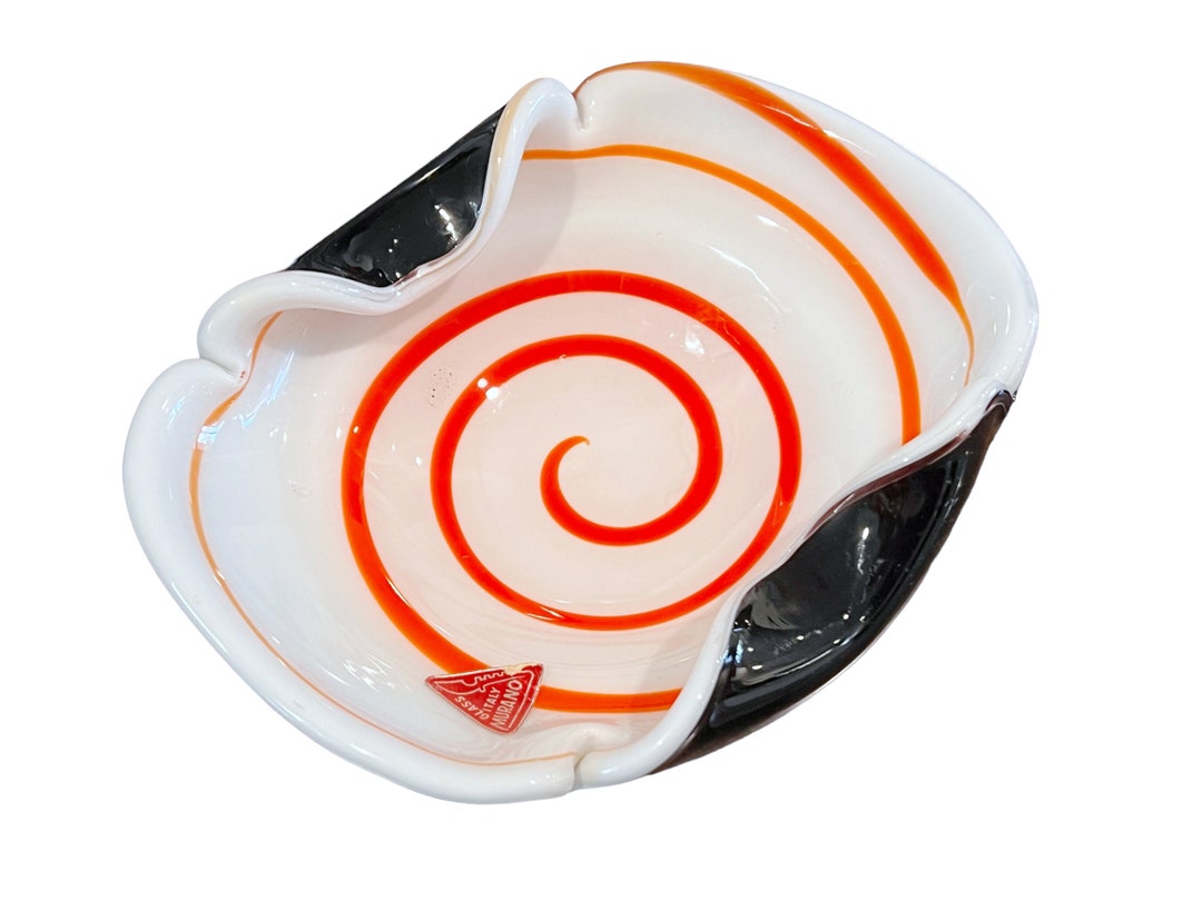 Vintage Murano Italy Art Glass 7 Bowl, Cased Black White Orange Swirl ...