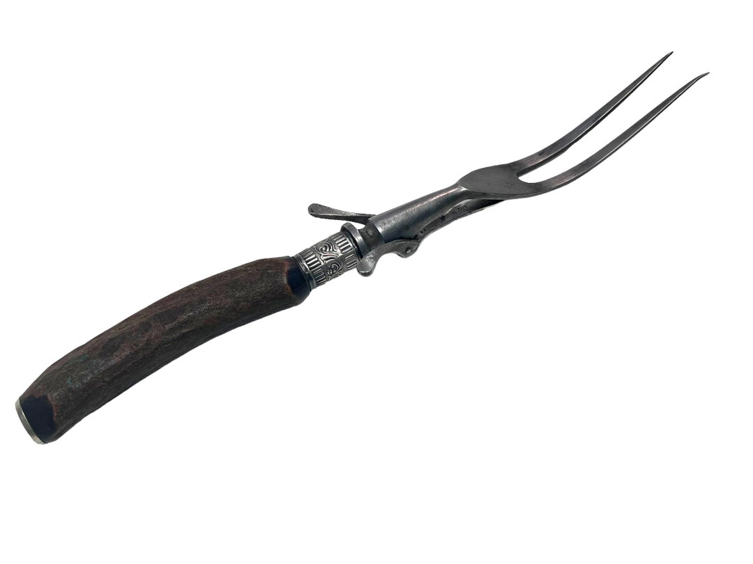 Antique Meat Carving Serving Fork, Stag Antler Handle, Design on Collar, Patented 1886 - Etsy