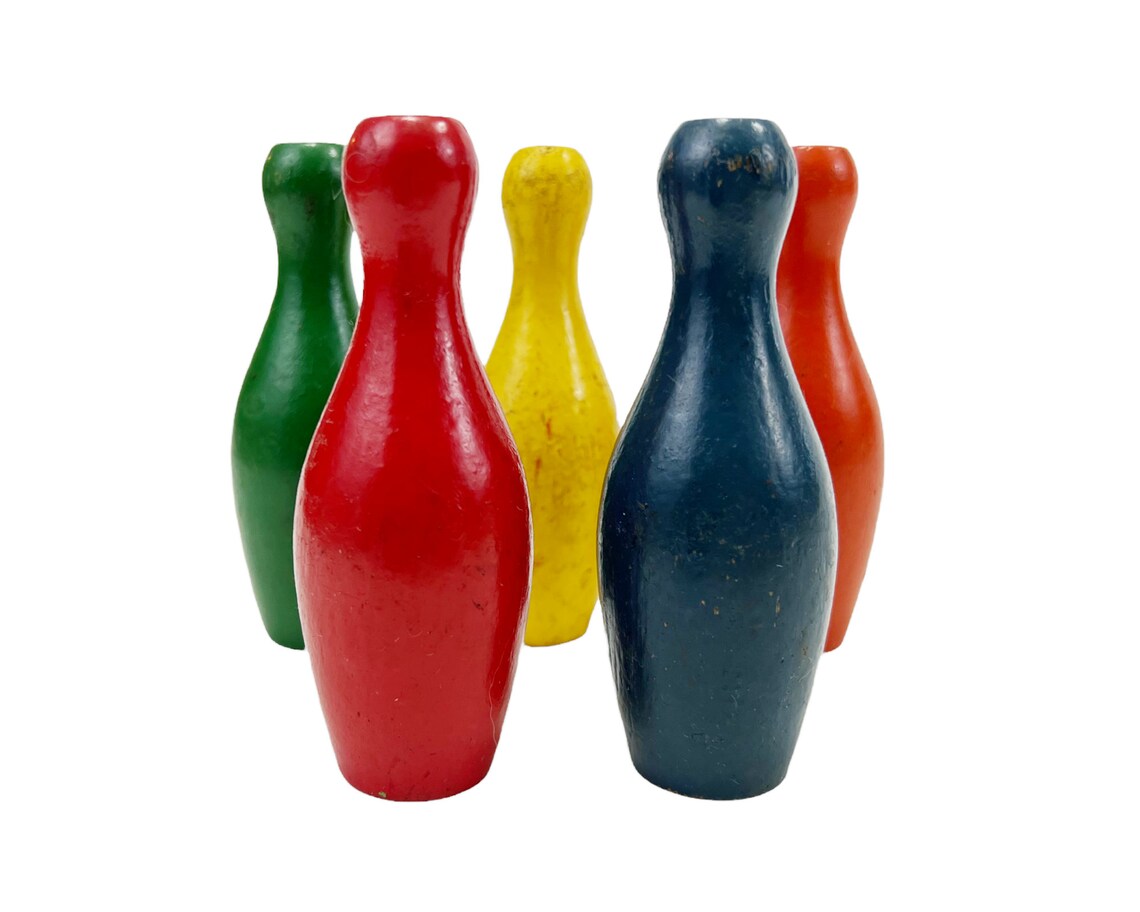 5 Vintage Miniature Bowling Pins Colorful 3.5 Wood Toy - Etsy