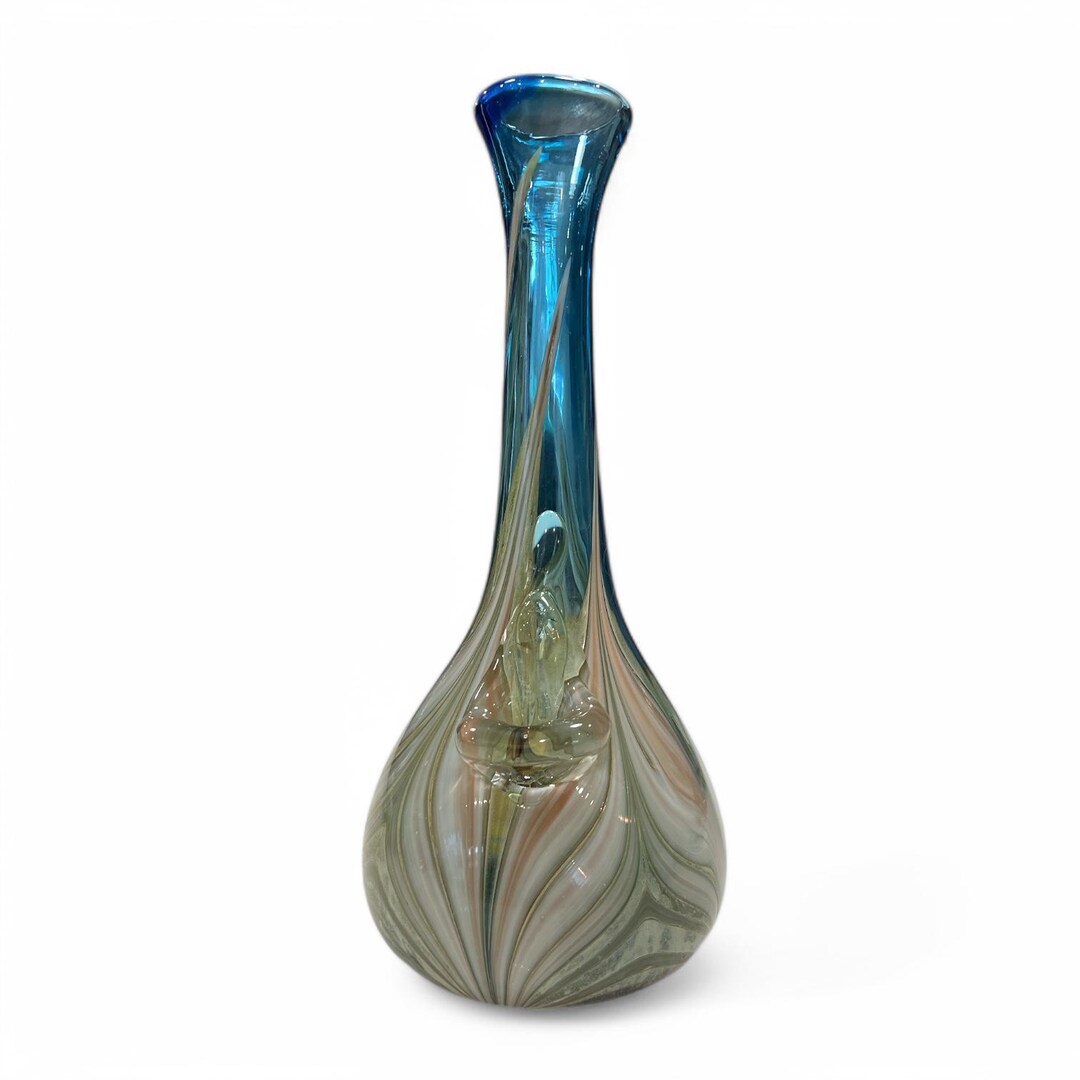 Vintage Studio Art Glass Vase, Swirled Earth Tones Blue Rim, Signed - Etsy