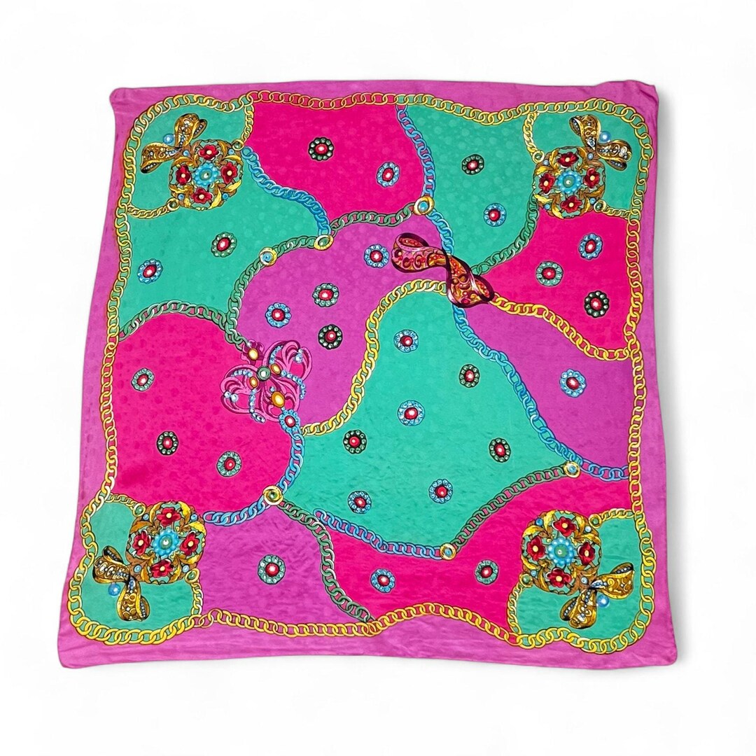 Vintage 80s Bold Jewel Chain Print Scarf Pink Green Gold, Bows 32 ...