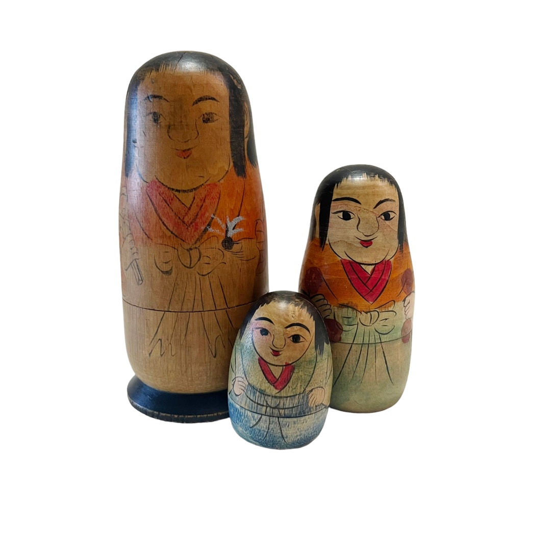 Vintage Japanese Nesting Fukuruma Dolls, 5 Wood Matryoshka, Hand ...