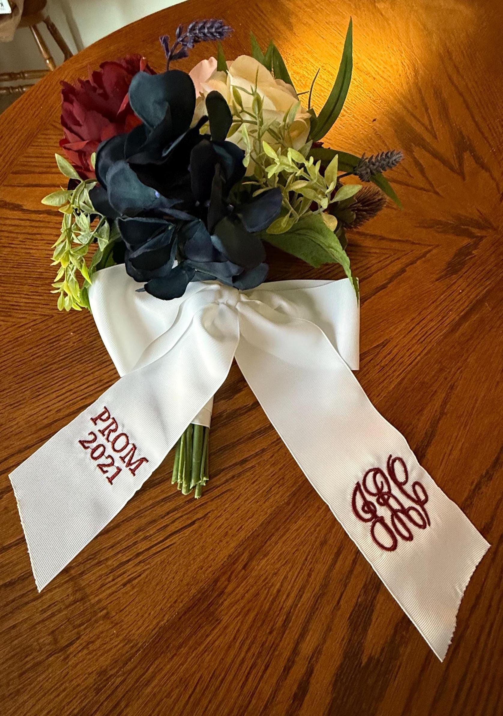 Monogrammed Bouquet Ribbon: Custom Embroidered White Grosgrain, 3 X 60 ...