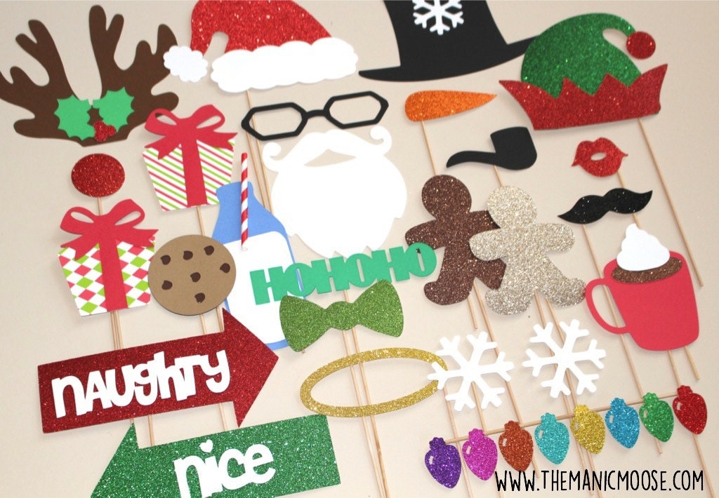 Christmas Party Props - SUPER DELUXE 26 Piece Set - GLITTER Photo Booth ...