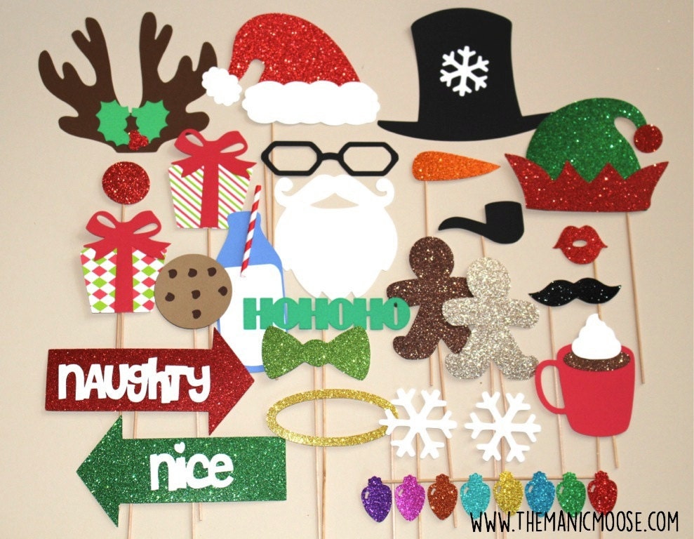 Christmas Party Props - SUPER DELUXE 26 Piece Set - GLITTER Photo Booth ...