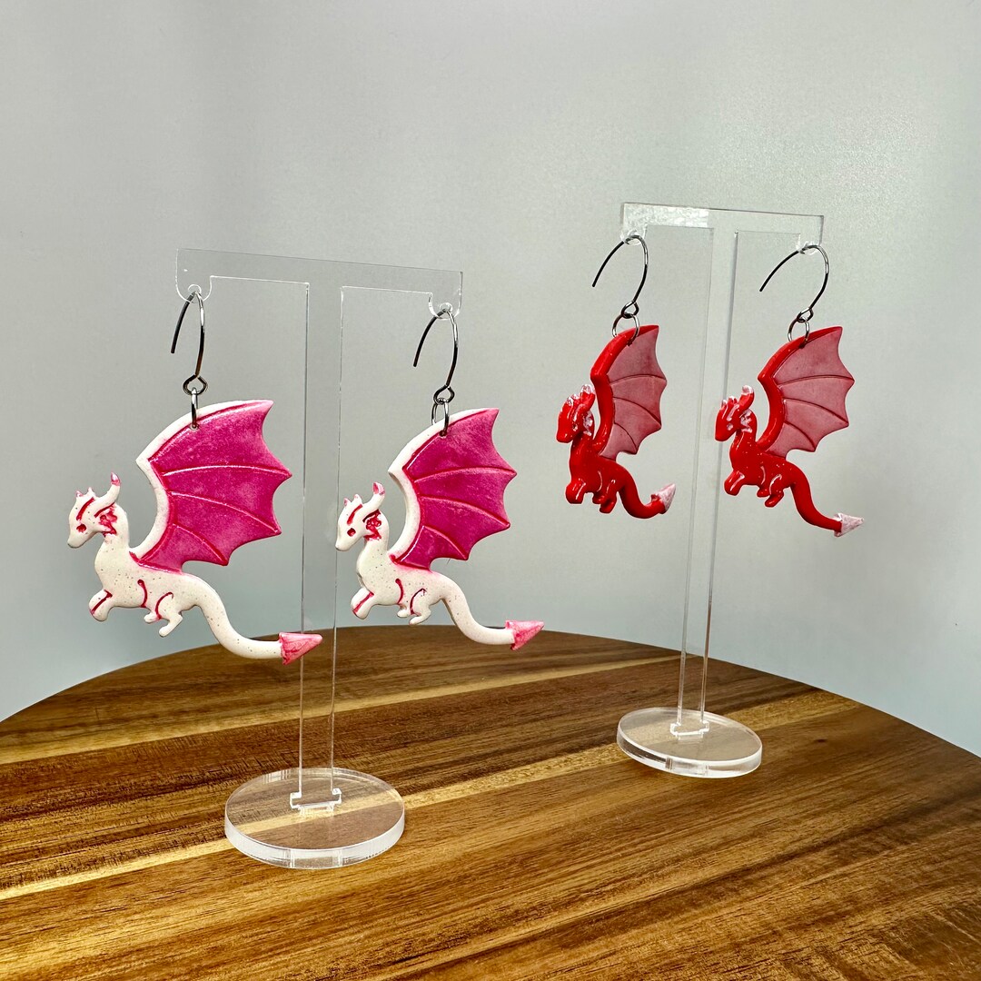 Valentine Dragons With One Wing Out Dangle Earrings, Surgical Stainless ...