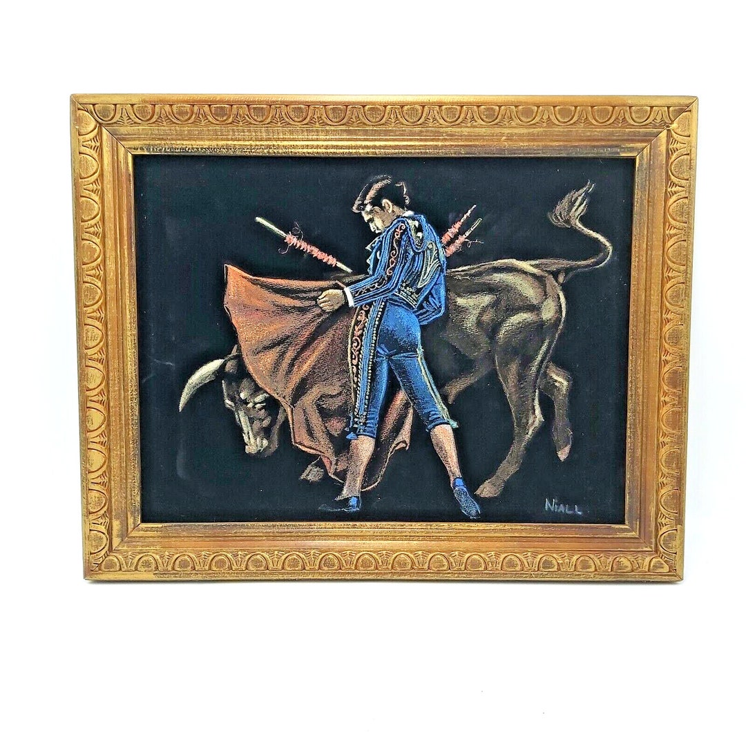 Matador and Bull Black Velvet Painting-framed-bullfighter Mid Century ...