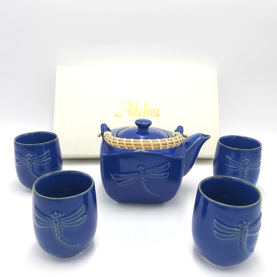 Adeline Fine Porcelain Tea Set-dragonfly Motif-cobalt Blue - Etsy
