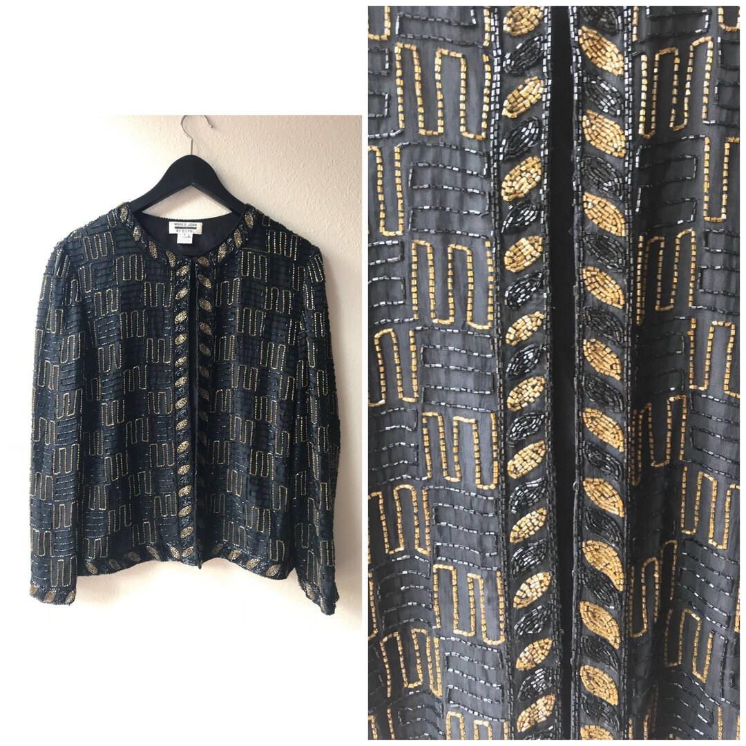 SMALL Black and Gold Beaded Jacket, Vintage Beaded Jacket, Checker ...