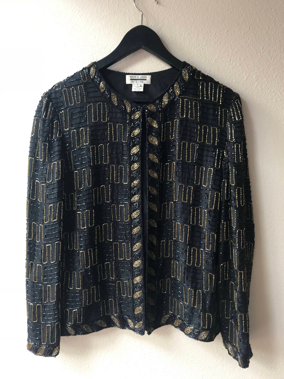 SMALL Black and Gold Beaded Jacket, Vintage Beaded Jacket, Checker ...