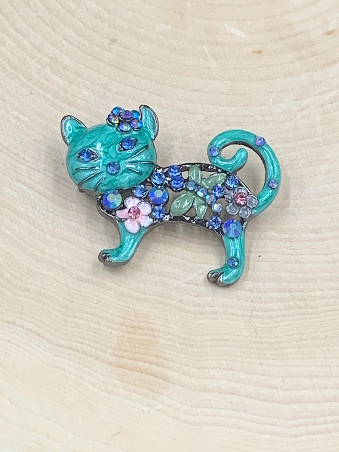 Whimsical Enamel and Rhinestone Cat Brooch - Etsy
