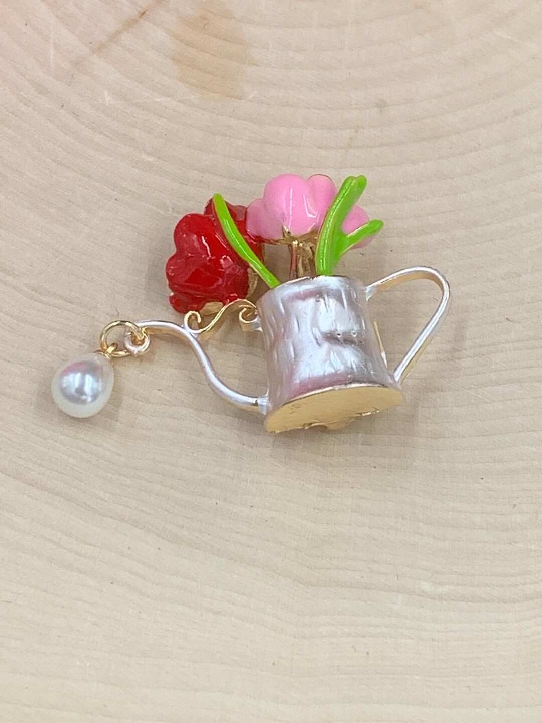 Enamel and Faux Pearl Flower Water Can Brooch - Etsy
