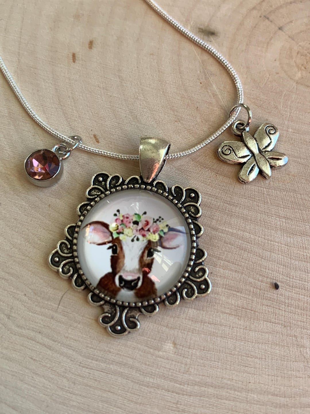 Vintage Style Floral Cow Pendant Necklace With Two Charms. 18 Long ...