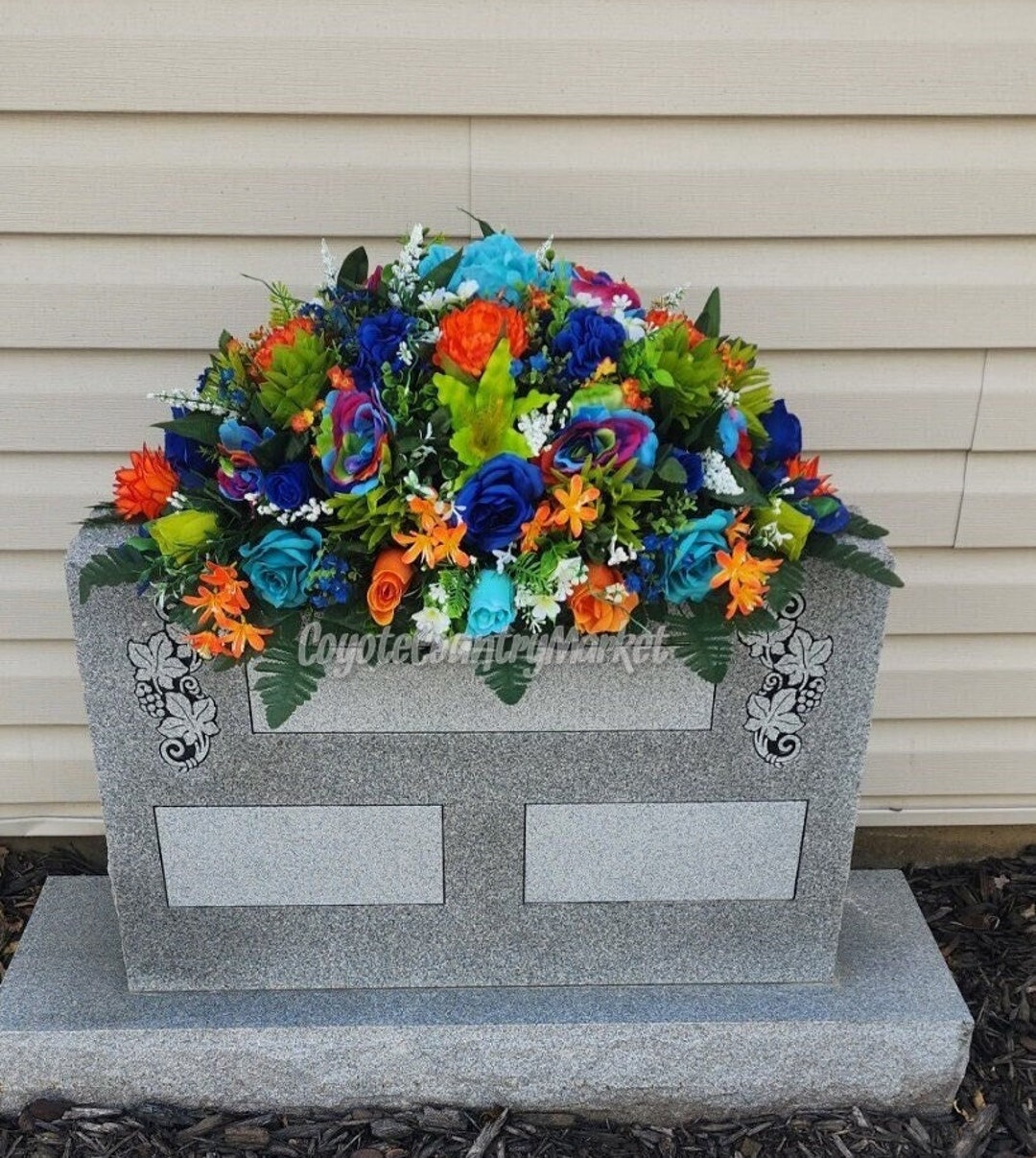 Bright Multi Colored Cemetery Headstone Saddle-grave Headstone Flowers ...