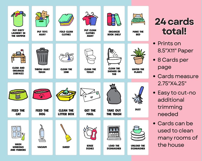 Kid's Chore Chart Task Cards, Instant Download - Etsy