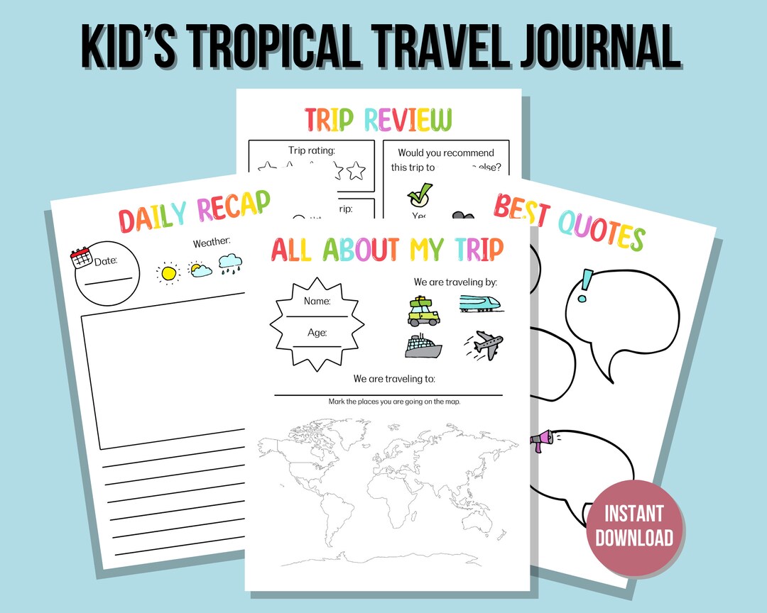 Kid's Travel Journal With Tropical Theme, Spring Break Journal, Instant ...