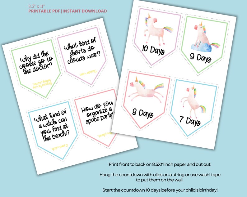 Unicorn Birthday Countdown Banner for Kids, Kid's Jokes, Instant ...