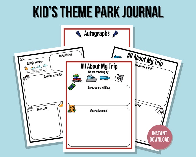 Kid's Theme Park Vacation Journal, Florida Vacation, Instant Download ...