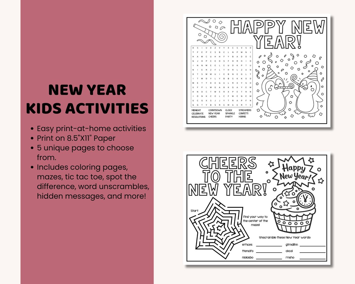 New Year Coloring and Activity Pages, Instant Download - Etsy