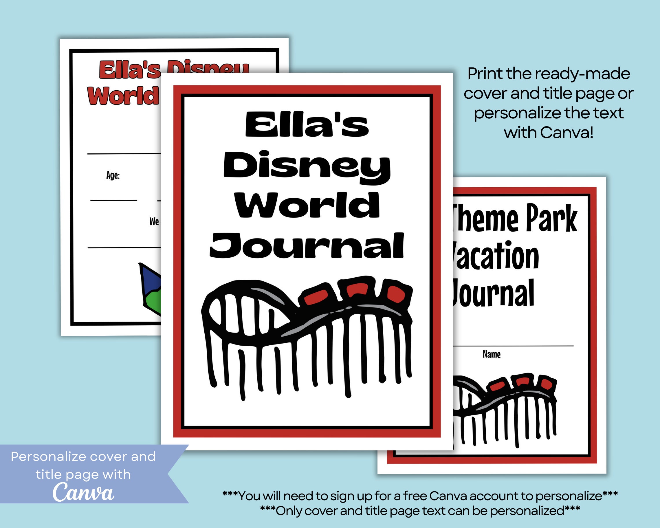 Kid's Theme Park Vacation Journal, Florida Vacation, Instant Download ...