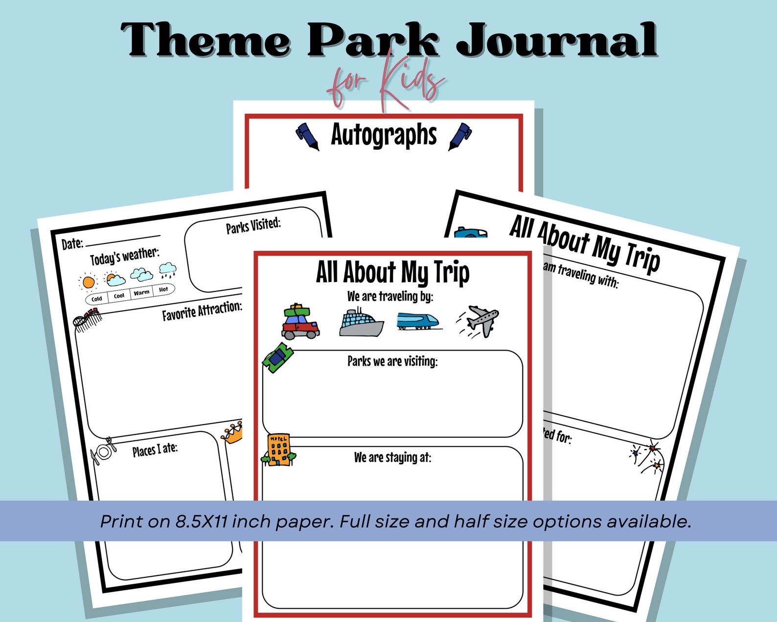 Kid's Theme Park Vacation Journal, Florida Vacation, Instant Download ...