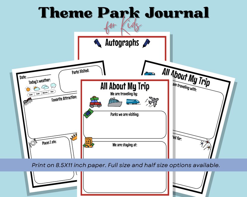 Kid's Theme Park Vacation Journal, Florida Vacation, Instant Download ...