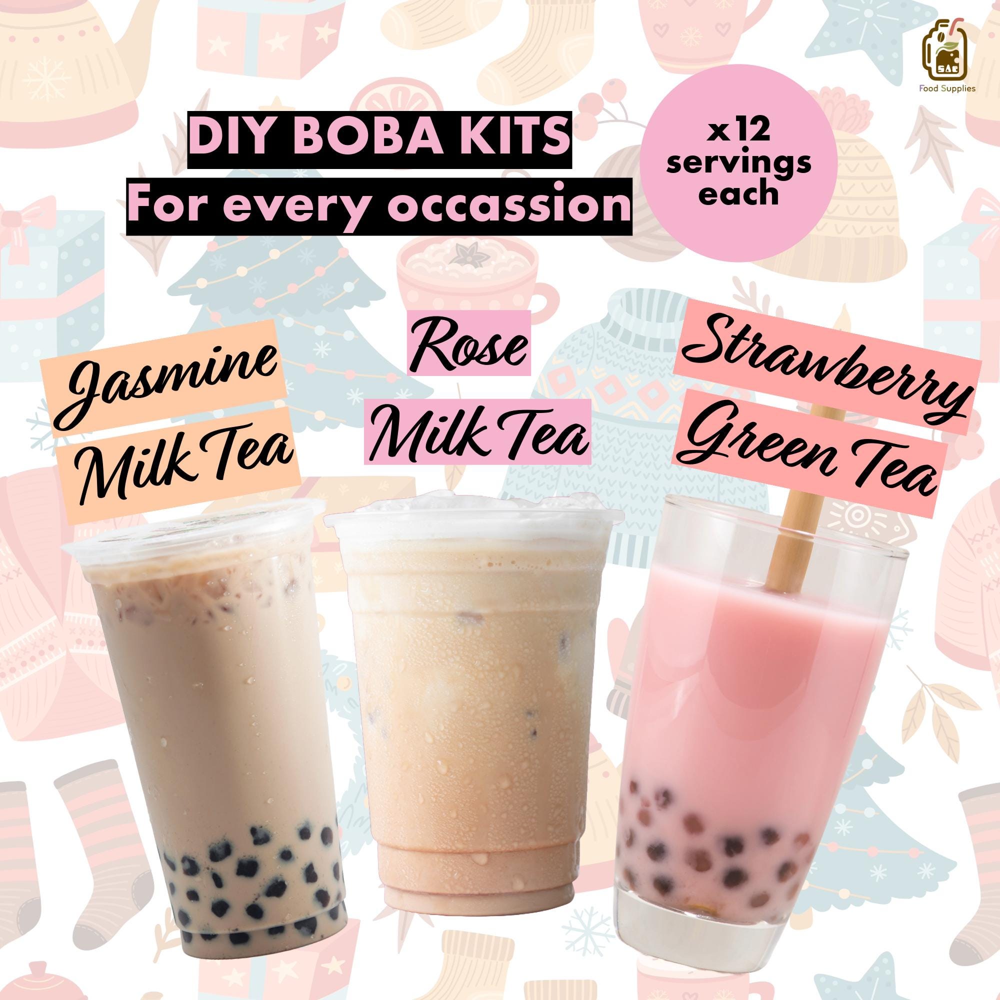 Jasmine, Strawberry, Rose | Jasmine Green Tea Boba Kit | 12 Servings ...