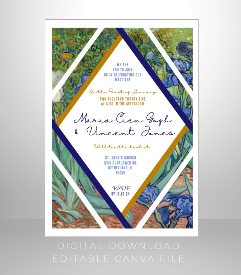 Vincent Vangogh Inspired Irises Wedding Invitation - Editable Digital ...