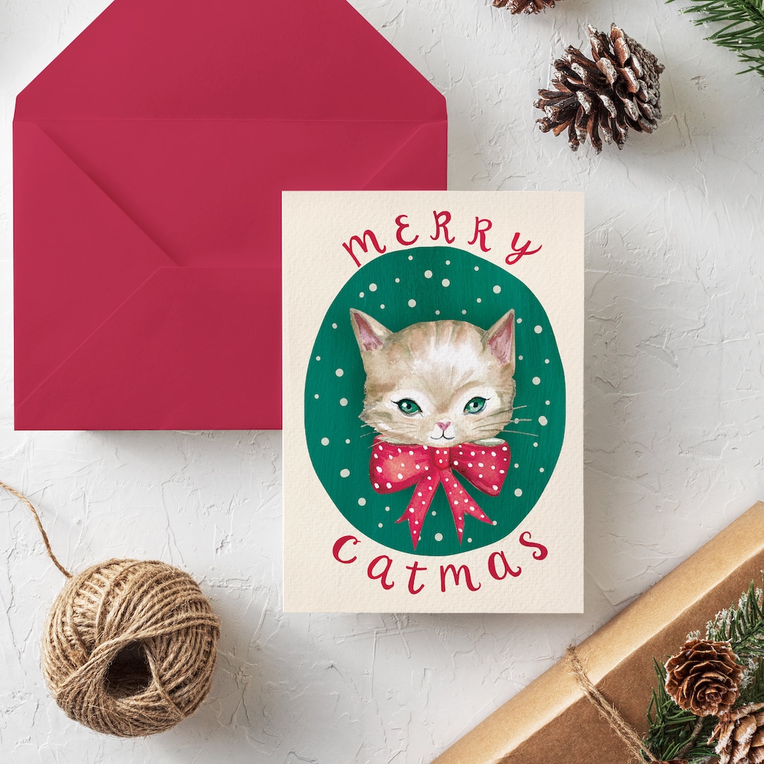 Christmas Card - Cute Card - Holiday Card - Cat Illustration - Cat Art ...