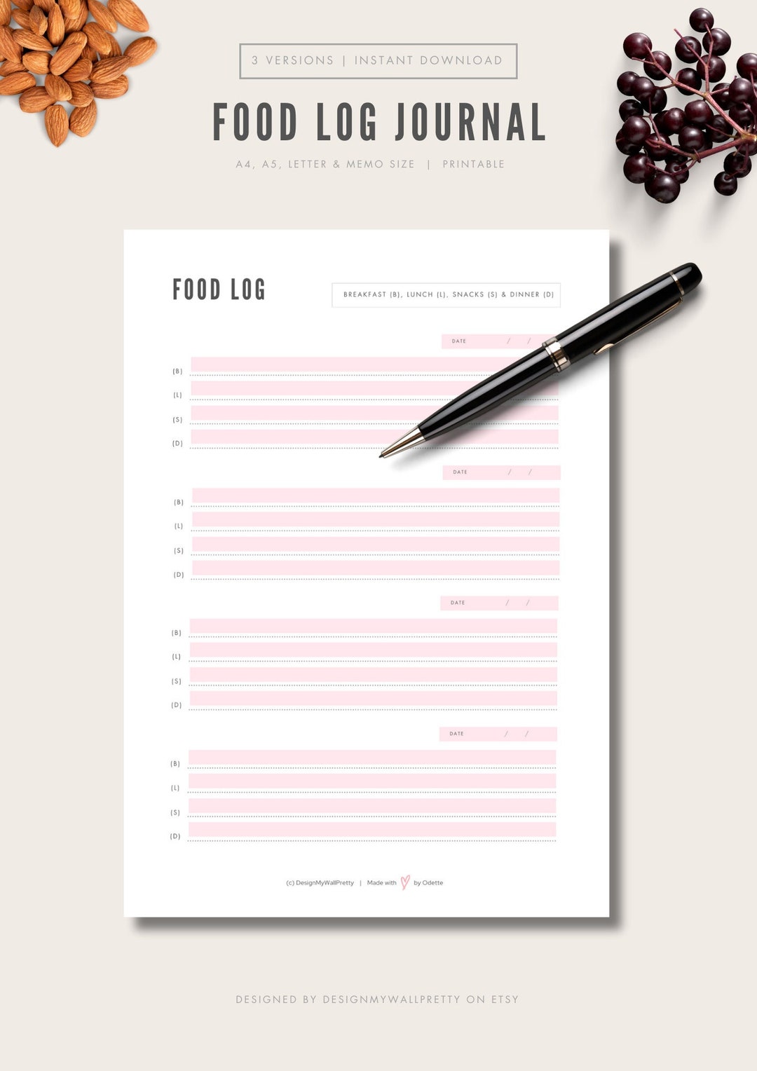Food Diary Template, Meal Tracker, Daily Food Journal, Nutrition Log ...