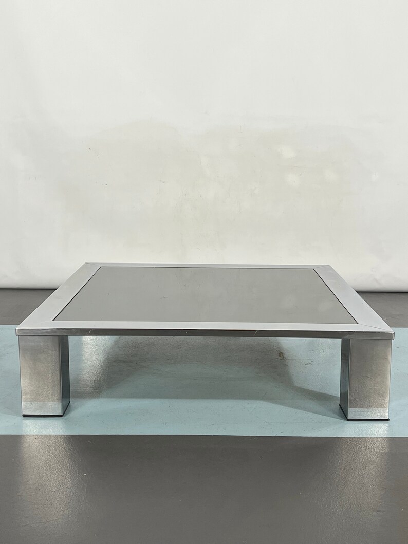 Mid-century Chrome and Dark Mirror Glass Side Table Attributed to ...