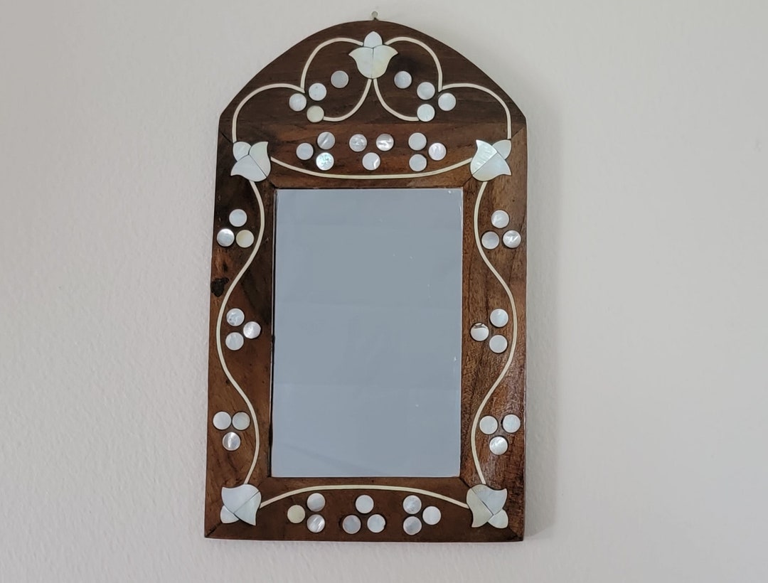 Handcrafted Walnut Wood Mirror With Mother-of-pearl Inlay - Middle ...