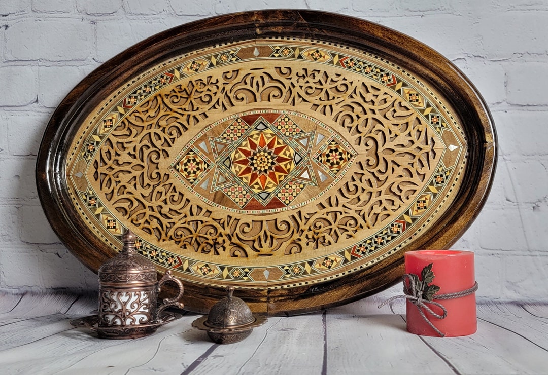 Oval Tray of Mosaic Wooden Engravings Inlaid With Mosaic and Pearl ...