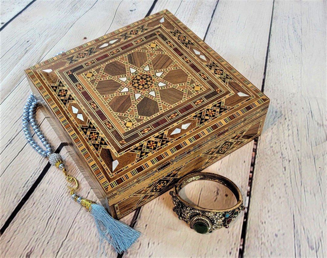 Handmade Inlaid Wood Jewelry Box, Mother of Pearl, Middle Eastern Style ...