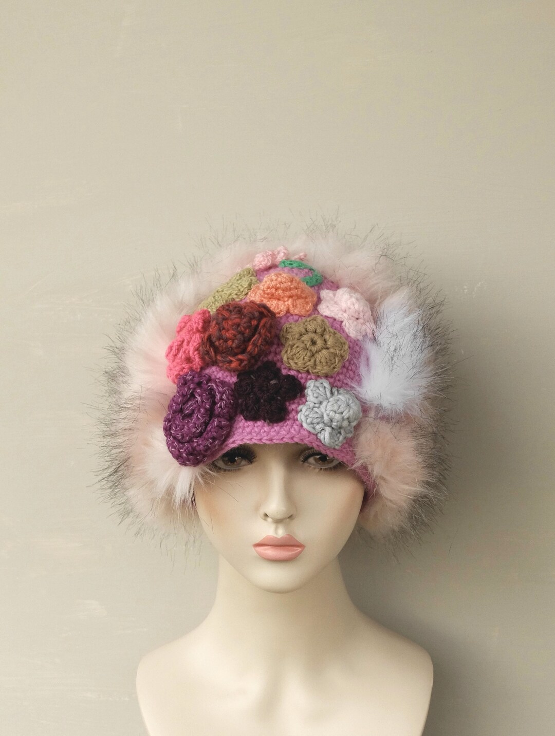 Artsy Hat, Floral Crochet Hat, Zero Waste Beanie, Hat With Faux Fur ...